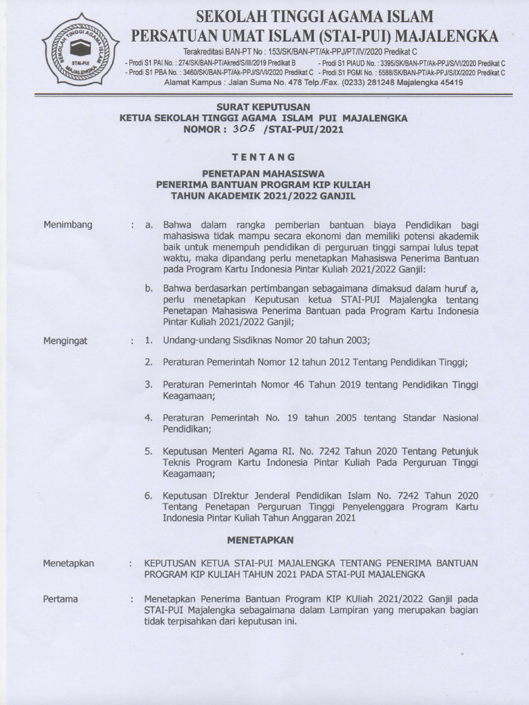 SK PENETAPAN MAHASISWA PENERIMA KIP KULIAH 2021 STAI PUI MAJALENGKA | PDF