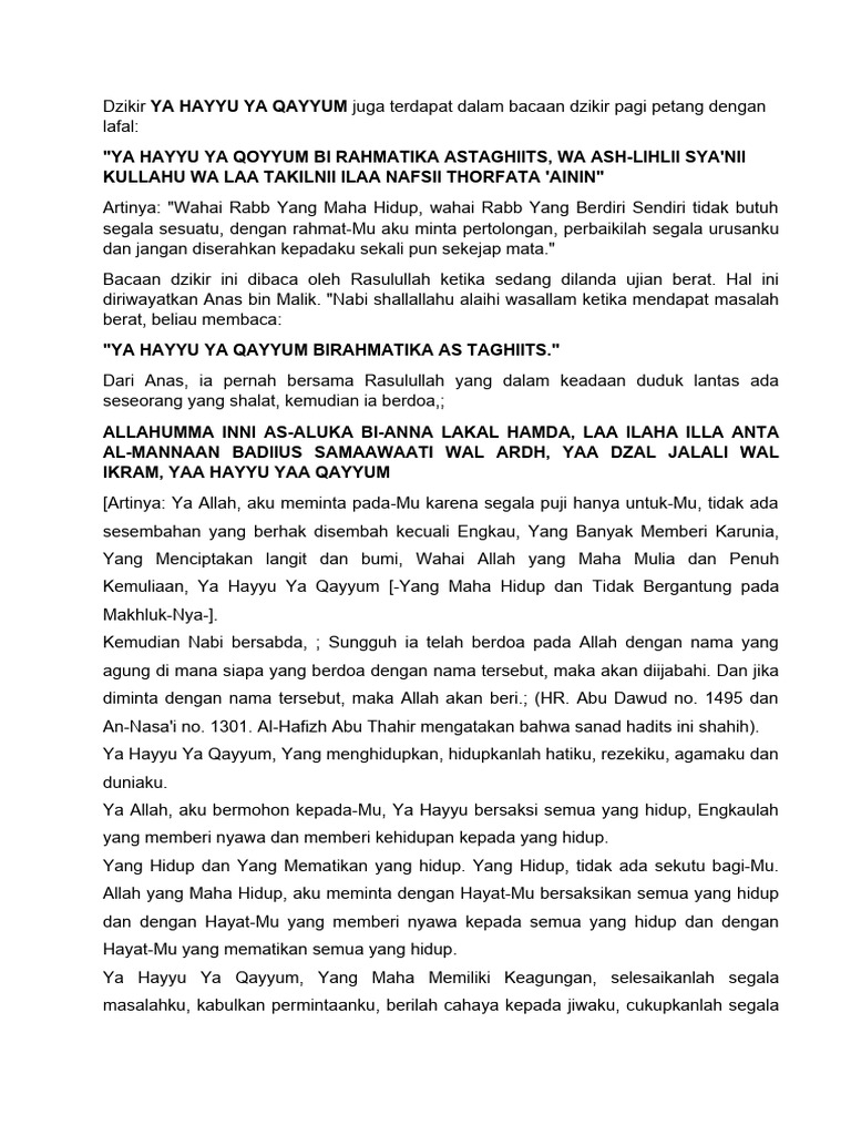 Dzikir YA HAYYU YA QAYYUM Juga Terdapat Dalam Bacaan Dzikir Pagi Petang Dengan Lafal | PDF