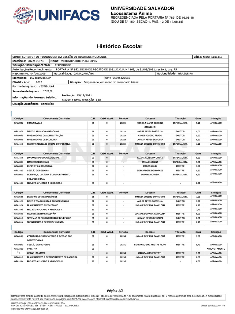Histórico Original - Unifacs | PDF | Diploma acadêmico | Educação ...