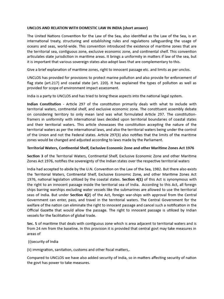 Unclos and Relation With Domestic Law in India | PDF | Territorial ...