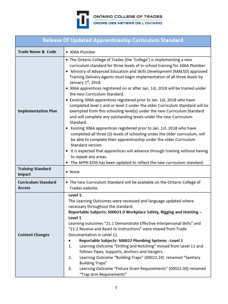 Plumber Release Note For Updated Curriculum Standard v300 Revised | PDF ...