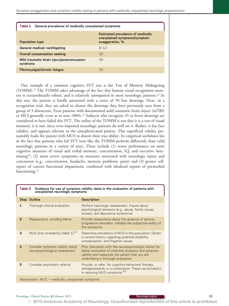 Symptom Validity Testing in Neurology | PDF | Concussion | Behavioural ...