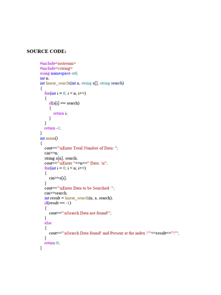 C++ Linear Search Algorithm Code | PDF