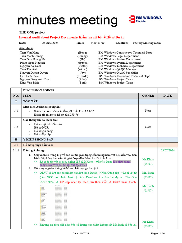 TheOne MOM Meeting For Internal Audit QC Feedback | PDF