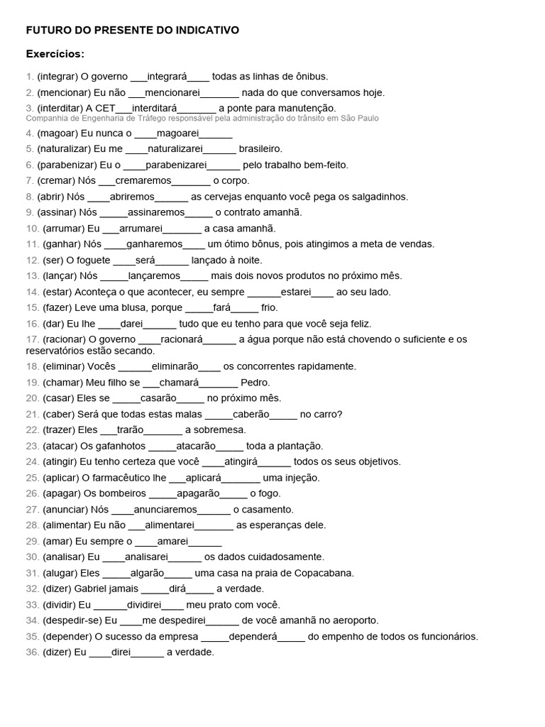 FUTURO DO PRESENTE DO INDICATIVO Exercícios | PDF