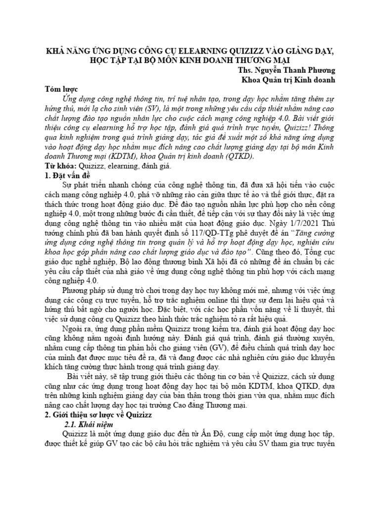 ThanhPhuongL2. Ngày 9.7 - NG D NG Công C Elearning Quizizz T I BM KDTM ...
