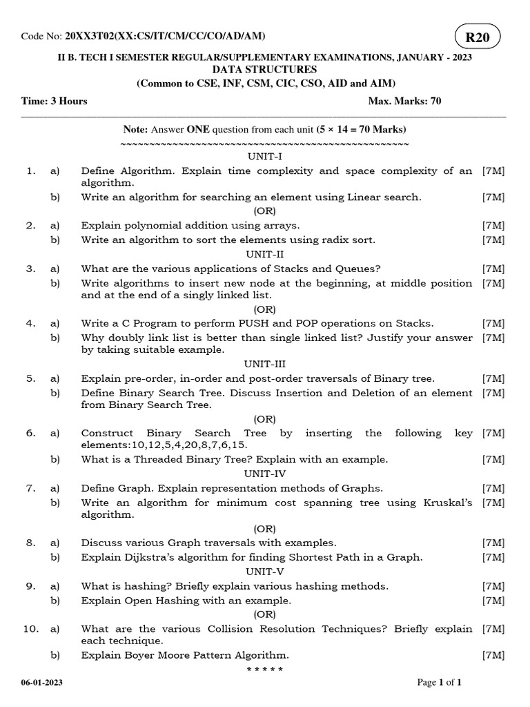 Cse Core Data Structures 20cs3t02 Set 1 Pdf Discrete Mathematics Algorithms And Data