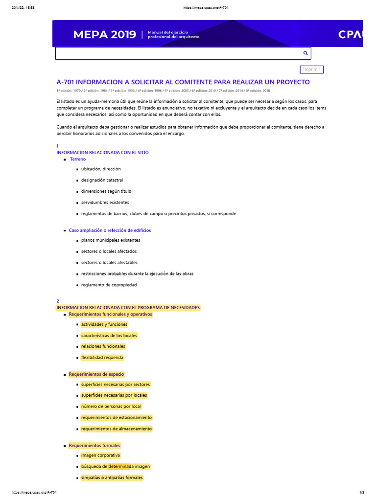 MEPA A-701 Plan Necesidades | PDF