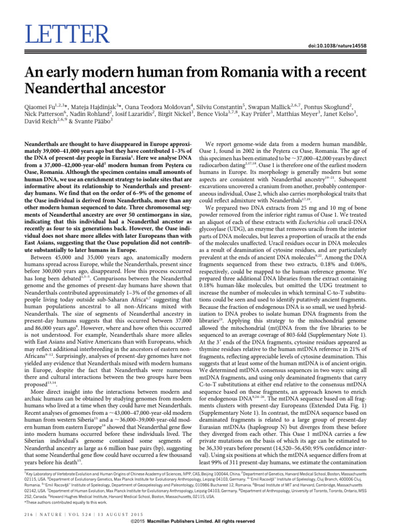 Ancient Human with Neanderthal DNA in Romania | PDF | Neanderthal ...