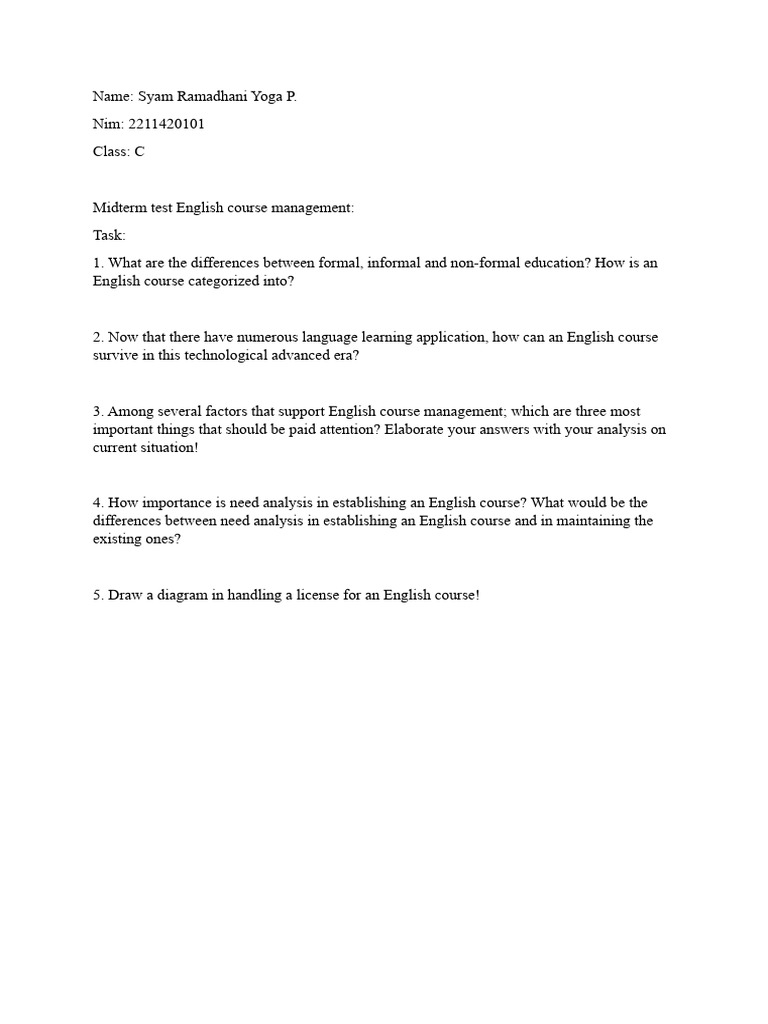 Midterm Test English Course Management | PDF | Learning | Knowledge