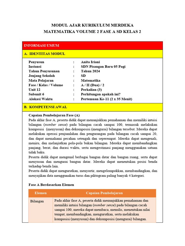 Modul Ajar Kurikulum Merdeka Matematika | PDF | Metode & Bahan Ajar