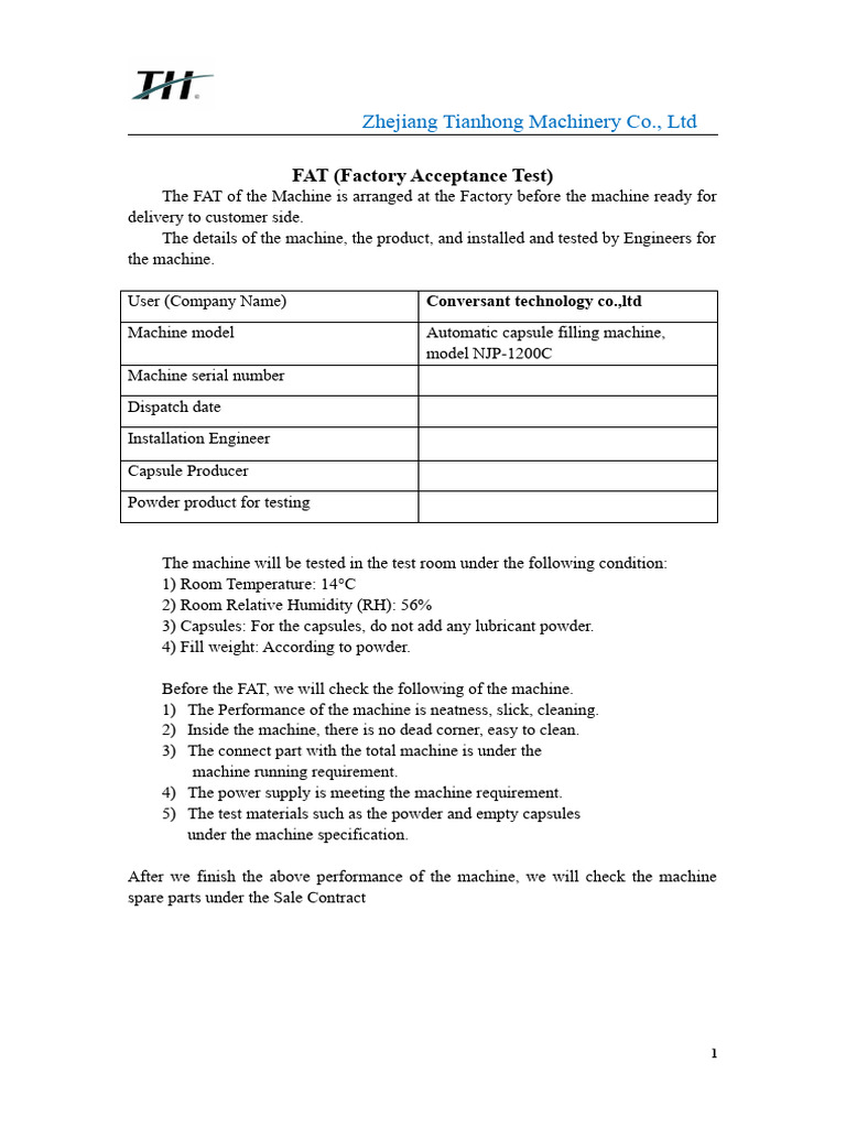 FAT (Factory Acceptance Test) : Zhejiang Tianhong Machinery Co., LTD ...