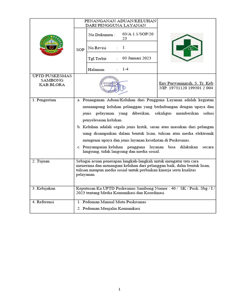 Sop Penanganan Aduan Keluhan Dari Pengguna Layanan | PDF