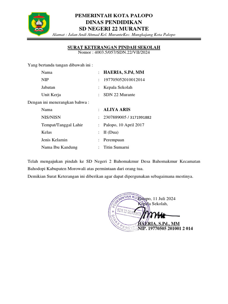 Surat Keterangan Pindah Sekolah Aliya Aris Dan Ahlam Mahardika Aris | PDF