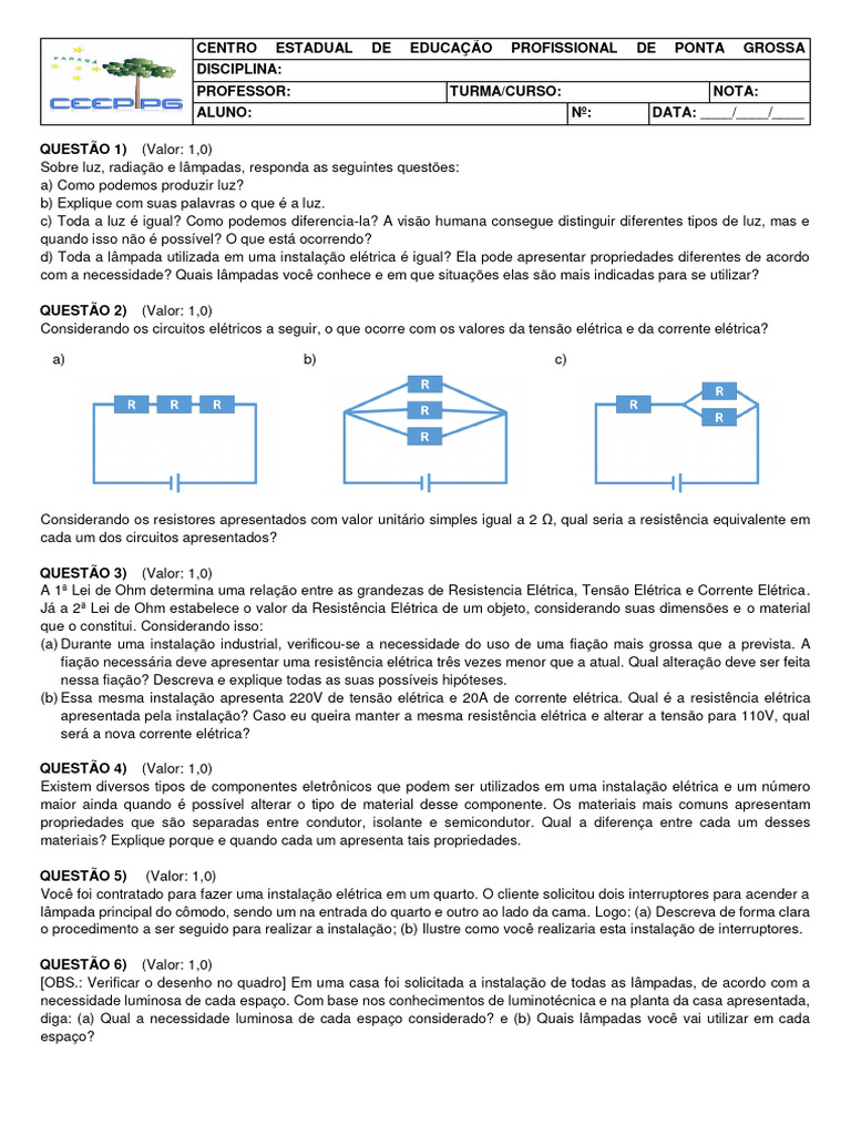 PROVA CEEP 3A Eletrotec | PDF | Eletricidade | Resistência elétrica e condutividade