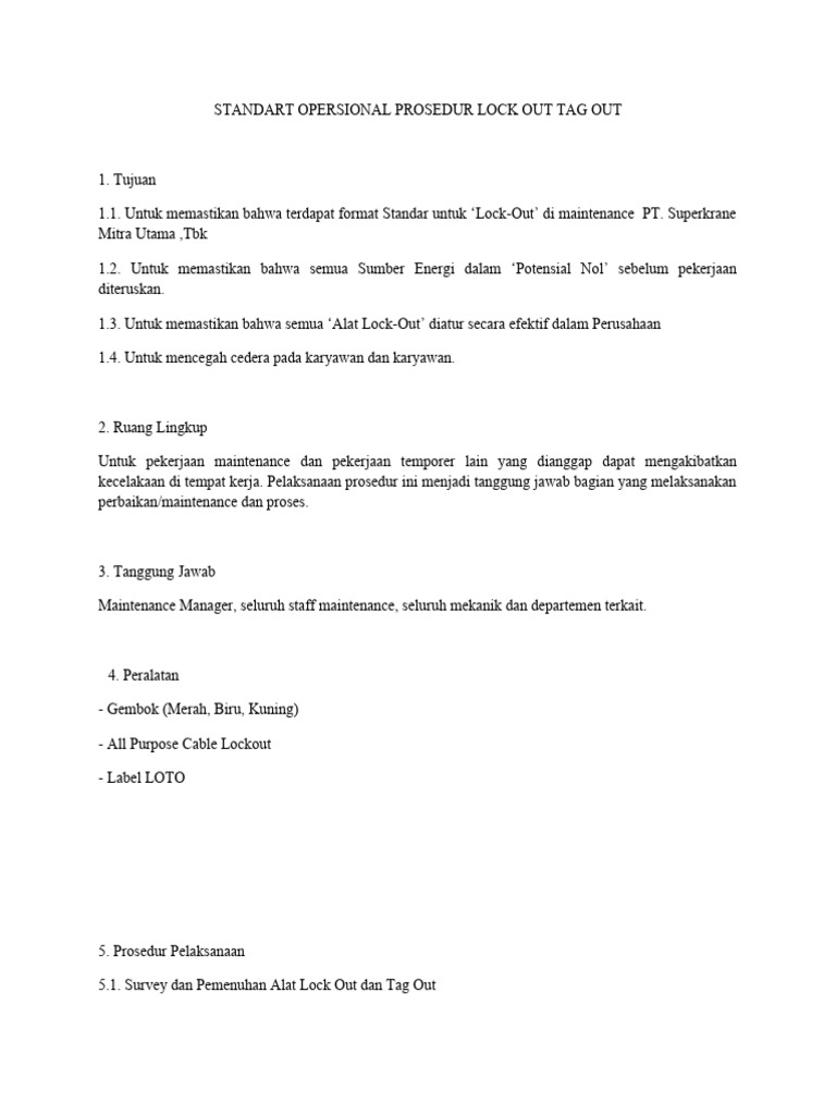 Prosedur Lock Out Tag Out di PT Superkrane | PDF
