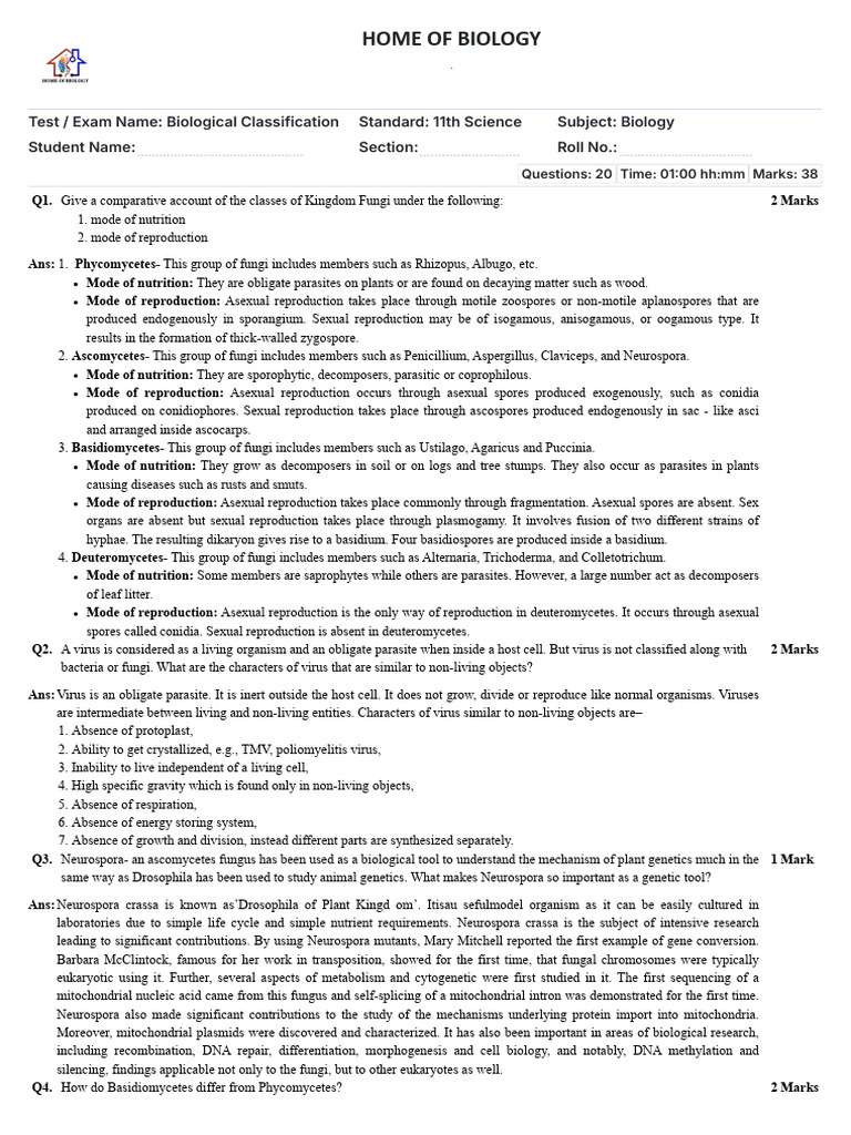 BIOLOGICAL CLASSIFICATION worksheet class 11 | Download Free PDF ...