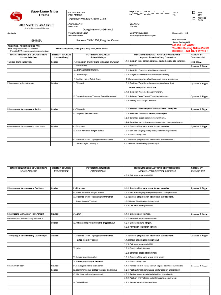 JSA Assembly Hydraulic Crawler Crane CKE-1100 | PDF