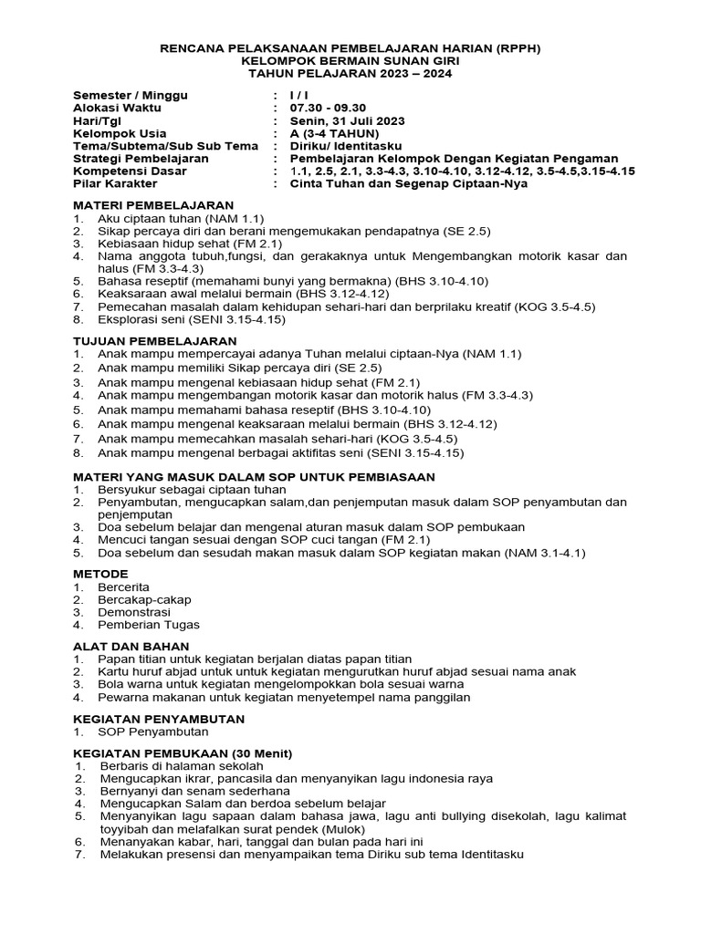 RPPH Identitasku Hari Ke 1 | PDF