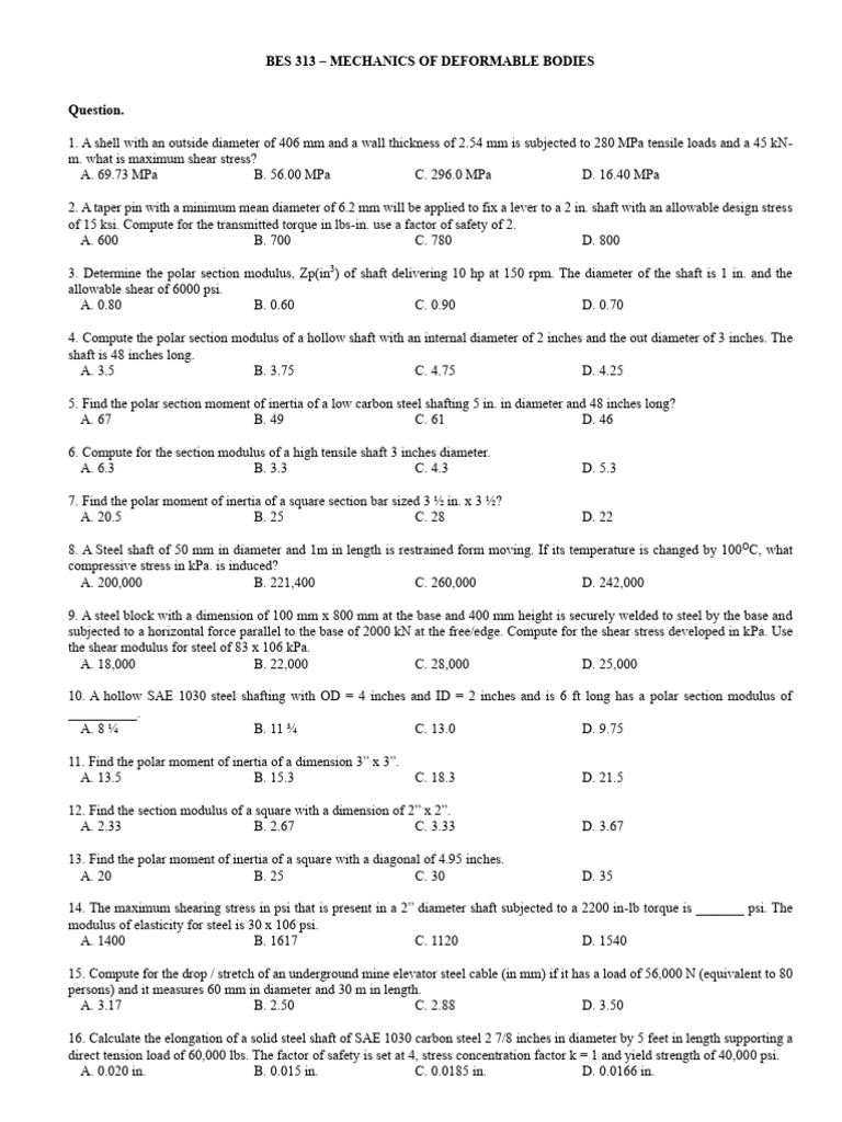 Mechanics of Deformable Bodies Question and Answers | PDF | Stress (Mechanics) | Young's Modulus