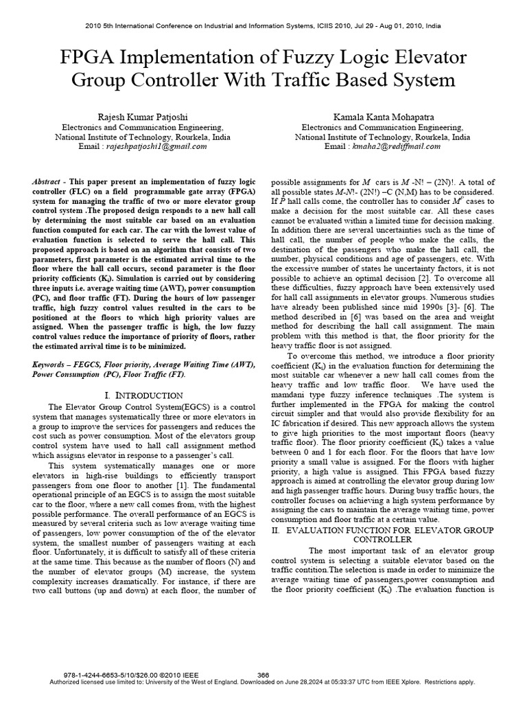 FPGA Implementation of Fuzzy Logic Elevator Group Controller With Traffic Based System | PDF ...