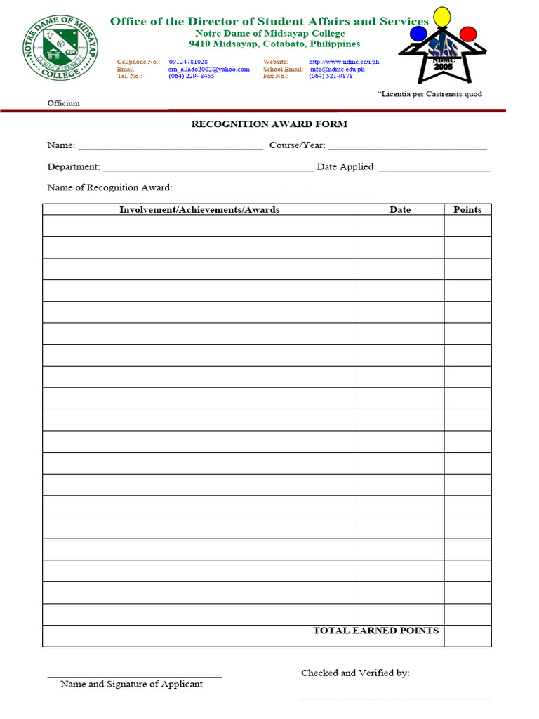 Notre Dame Recognition Award Form | PDF