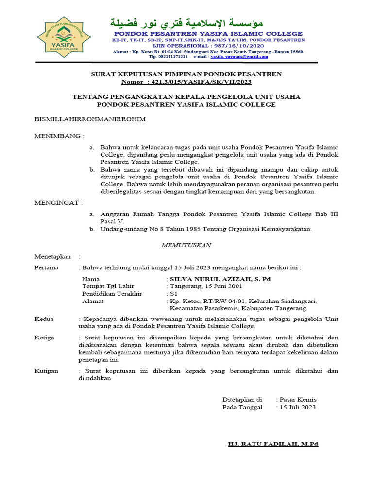 SK Pengengkatan Kepala Unit Usaha Pon - Pes | PDF