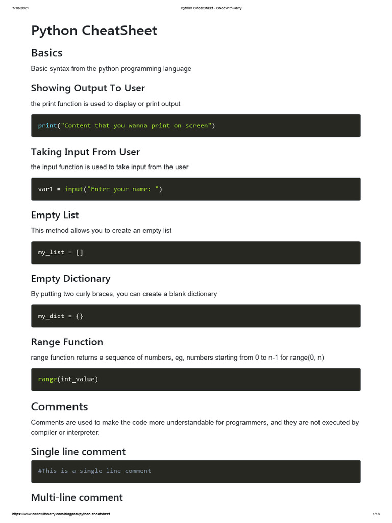 Python CheatSheet | PDF | Control Flow | Class (Computer Programming) Python CheatSheet | PDF | Control Flow | Class (Computer Programming)