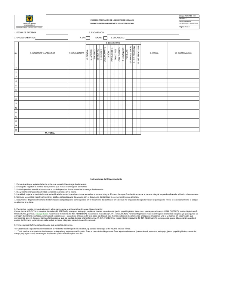 20181220 for Pss 119 v2 Formato de Entrega Elementos de Aseo Personal (1) | PDF