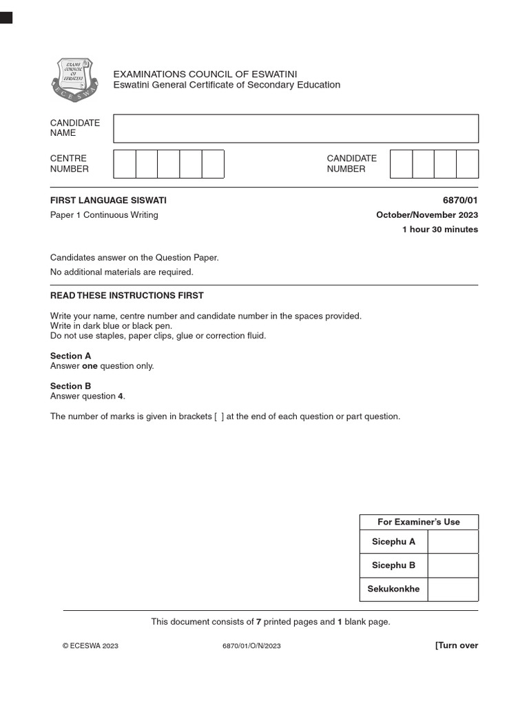 EGCSE First Language SiSwati 2023 Question Paper 1 | PDF | Intellectual ...