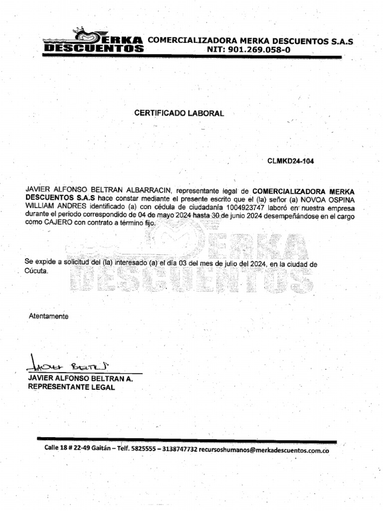 Cert. Lab. Novoa Andres | PDF