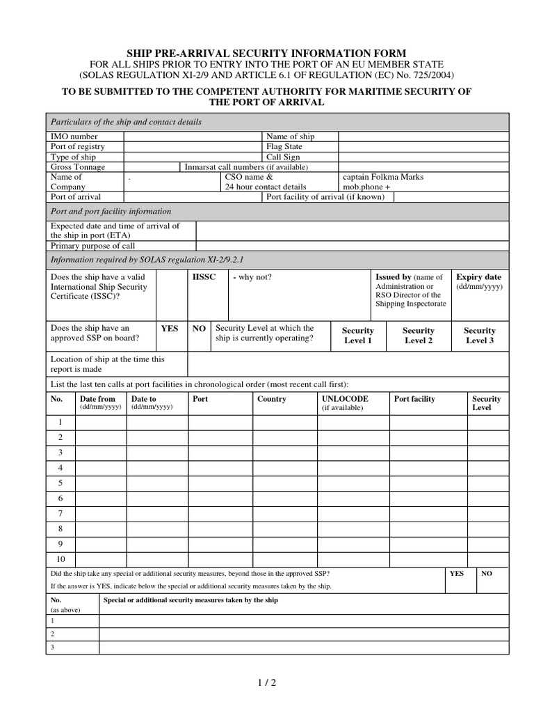 Ship Pre-Arrival Security Form | PDF | Water Transport | Shipping