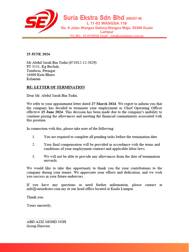 Termination Notice for COO Position | PDF