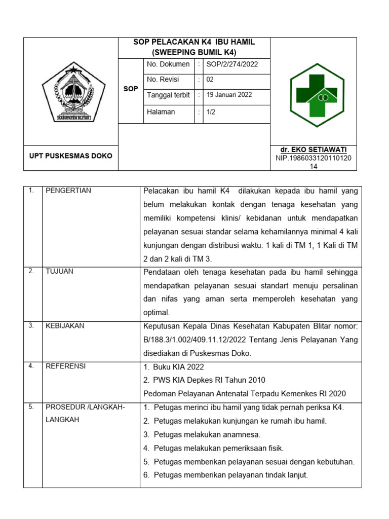 Sop Pelacakan K4 Ibu Hamil (Sweeping Bumil K4) 1 | PDF