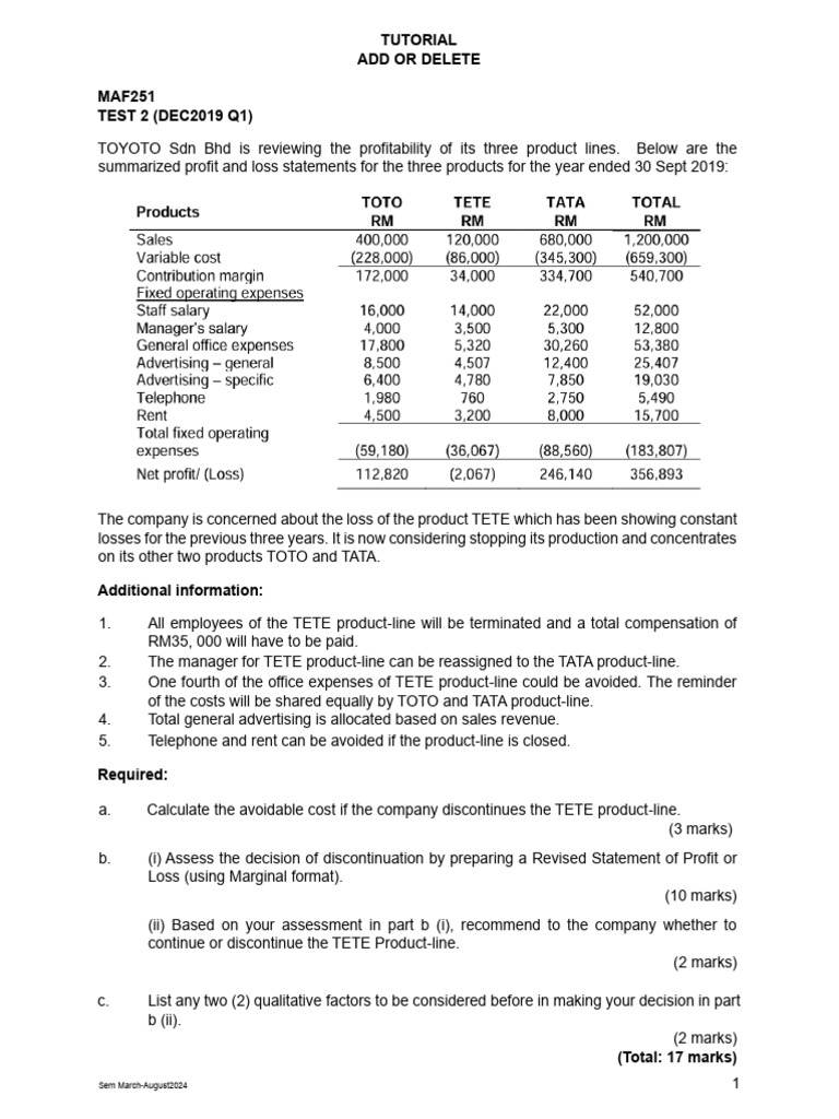 Maf251 - Topic3.4 Add or Delete - Tutorial - Q | PDF | Cost Of Goods Sold | Expense