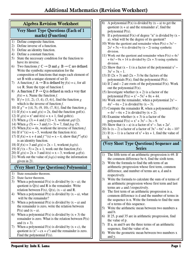Revision Worksheet Algebra (Additional Maths) | PDF | Mean | Polynomial