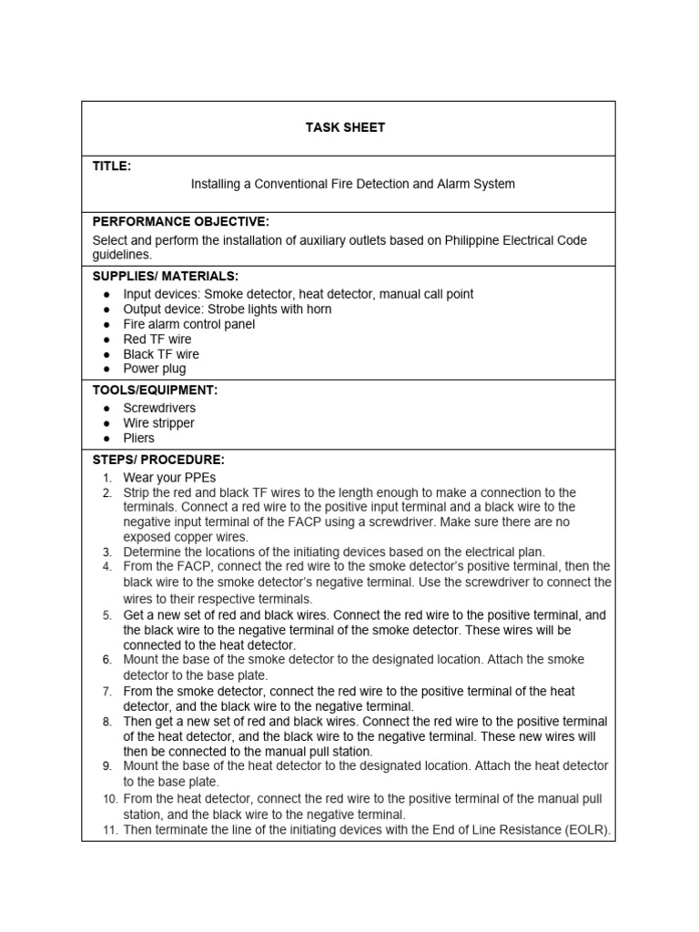 Task Sheet - Installing Conventional FDAS | PDF | Equipment | Safety