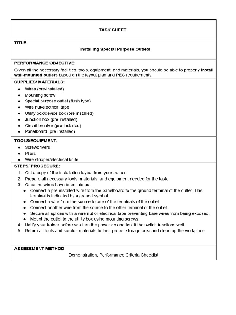 Task Sheet - Special Purpose Outlet | PDF | Tools | Equipment