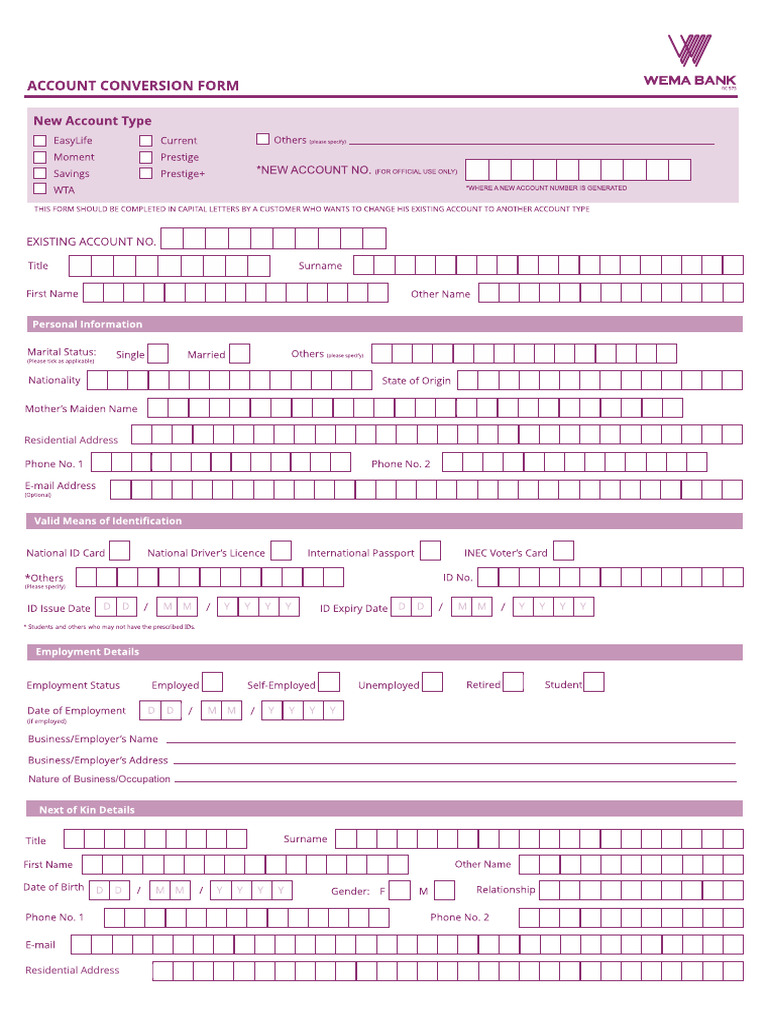 WEMA Account Upgrade or Conversion Form | PDF | Identity Document | Cheque