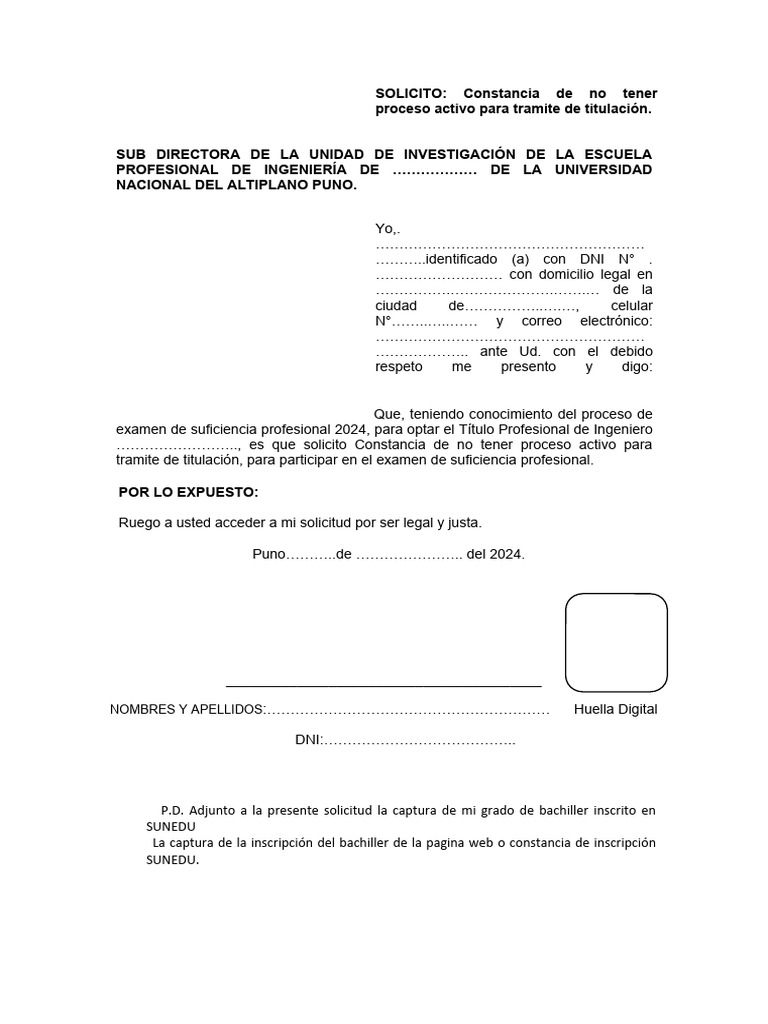 SOLICITUD - Constancia de No Tener Proceso Activo para Tramite de Titulación. FINAL | PDF ...