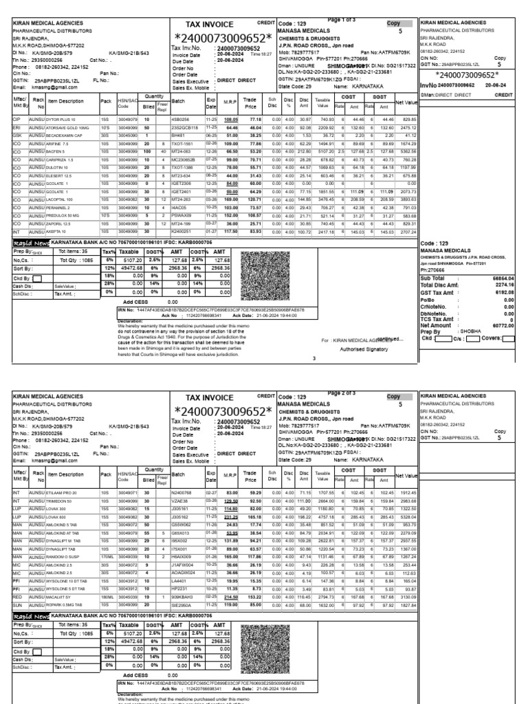 Tax Invoice for Kiran Medical Agencies | PDF | Taxation | Taxes