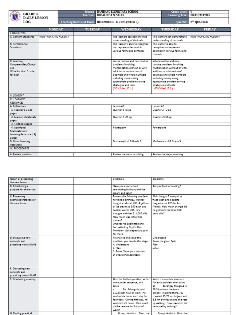 DLL_MATHEMATICS 5_Q2_W5 | PDF | Learning | Cognition