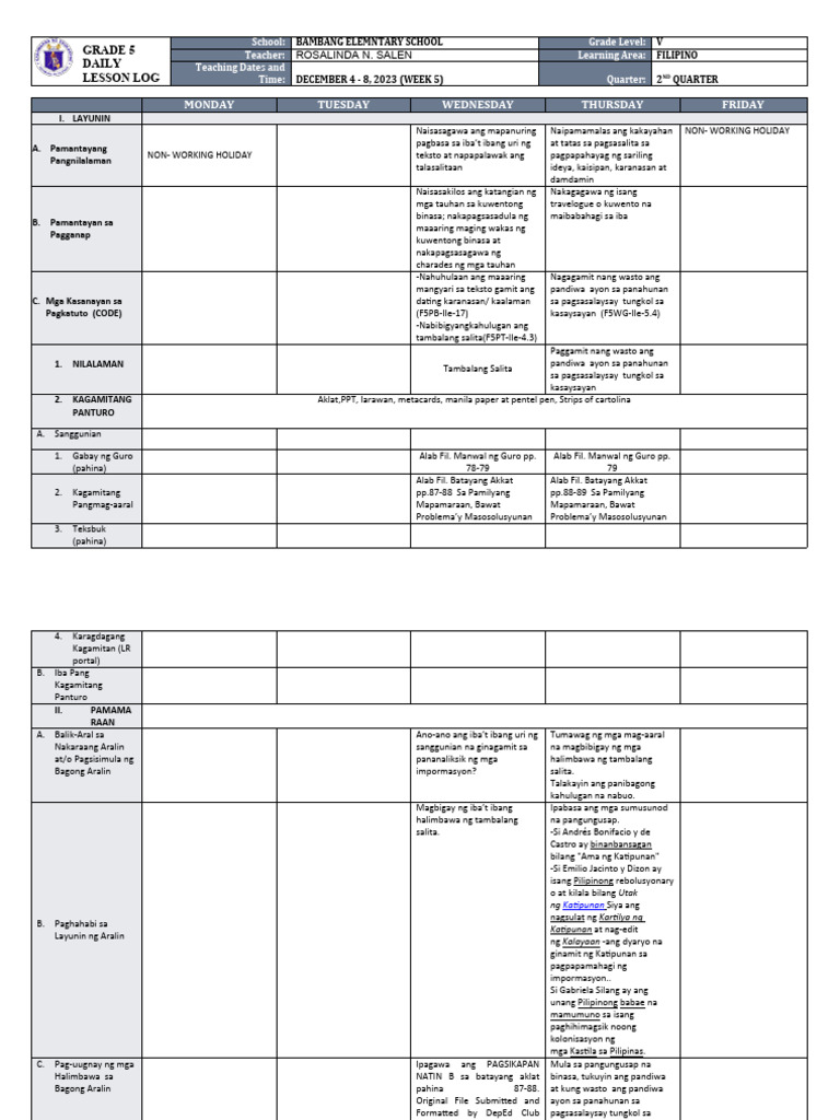 DLL - Filipino 5 - Q2 - W5 | PDF