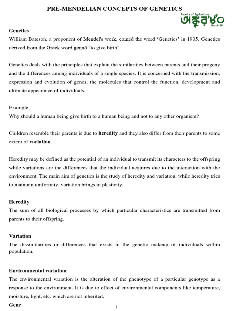 Introduction - Pre-Mendelian Concept of Heredity | PDF | Genetics | Heredity