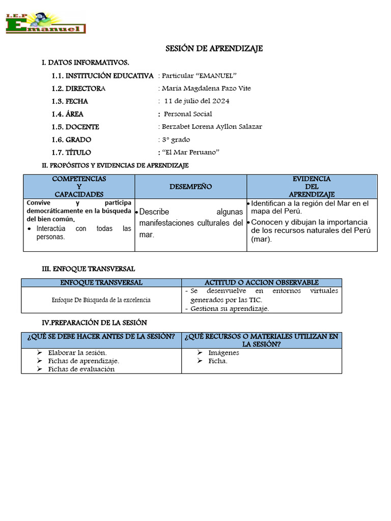 SESIÓN DE APRENDIZAJE P.Social (mar peruano) | PDF | Aprendizaje | Perú SESIÓN DE APRENDIZAJE P.Social (mar peruano) | PDF | Aprendizaje | Perú