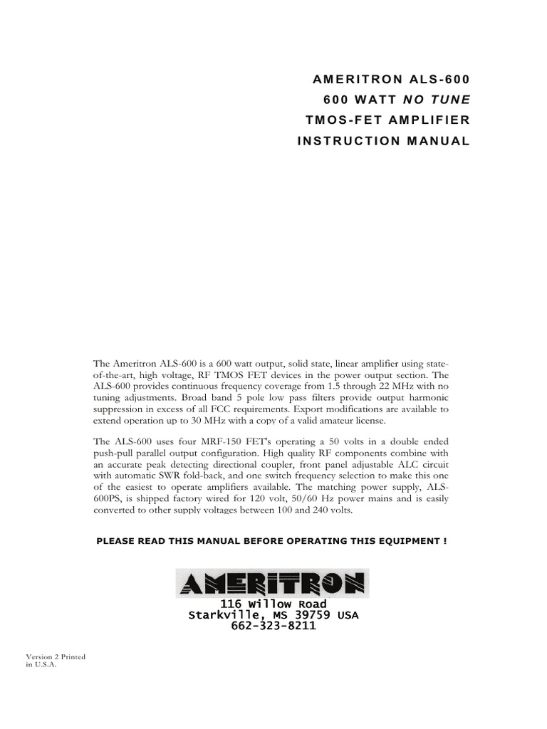 Ameritron Als-600 Tmos-Fet 1.5-30mhz 600w RF Amplifier With 4xmrf150-Fet 1993 SM | PDF ...