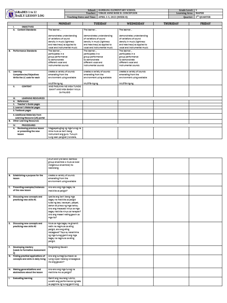 DLL - Mapeh 5 - Q3 - W8 | PDF | Differentiated Instruction | Learning