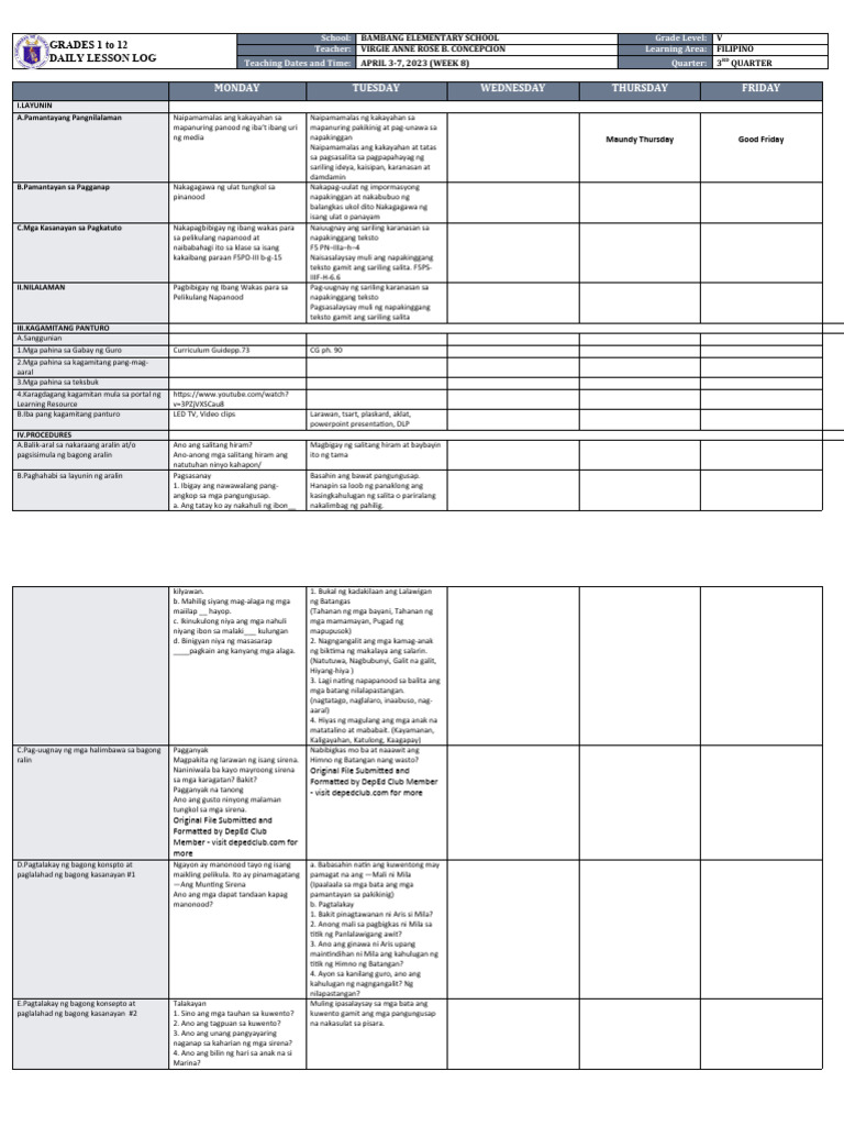 DLL - Filipino 5 - Q3 - W8 | PDF