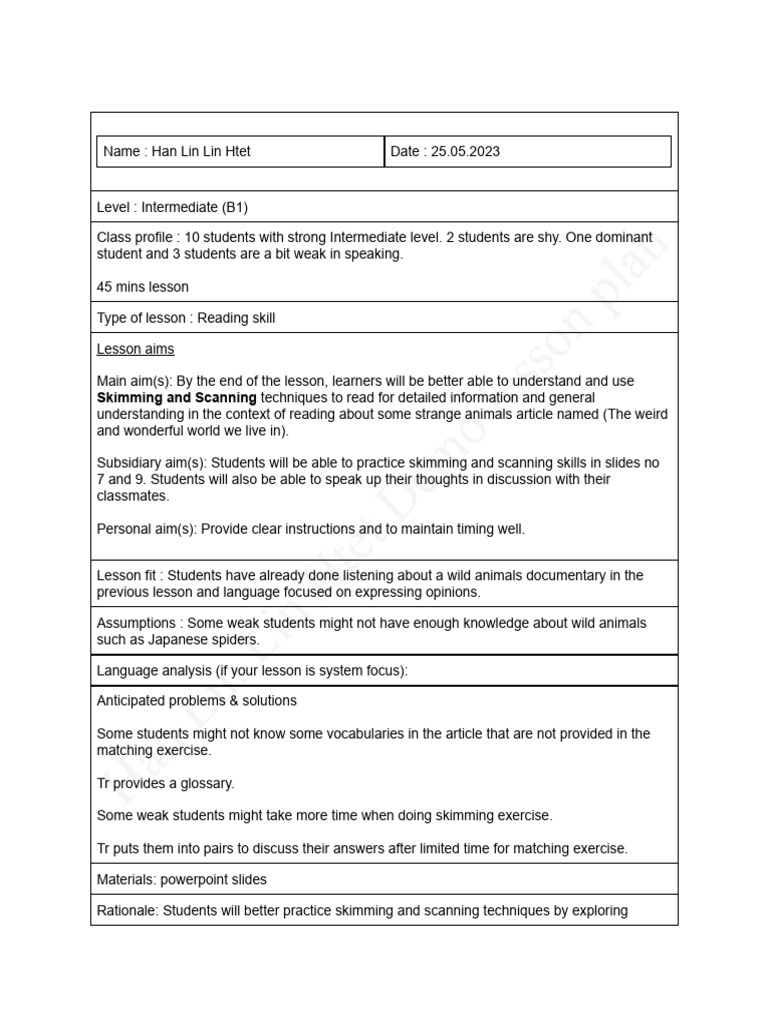 Demo Lesson Plan | PDF | Speed Reading | Cognition