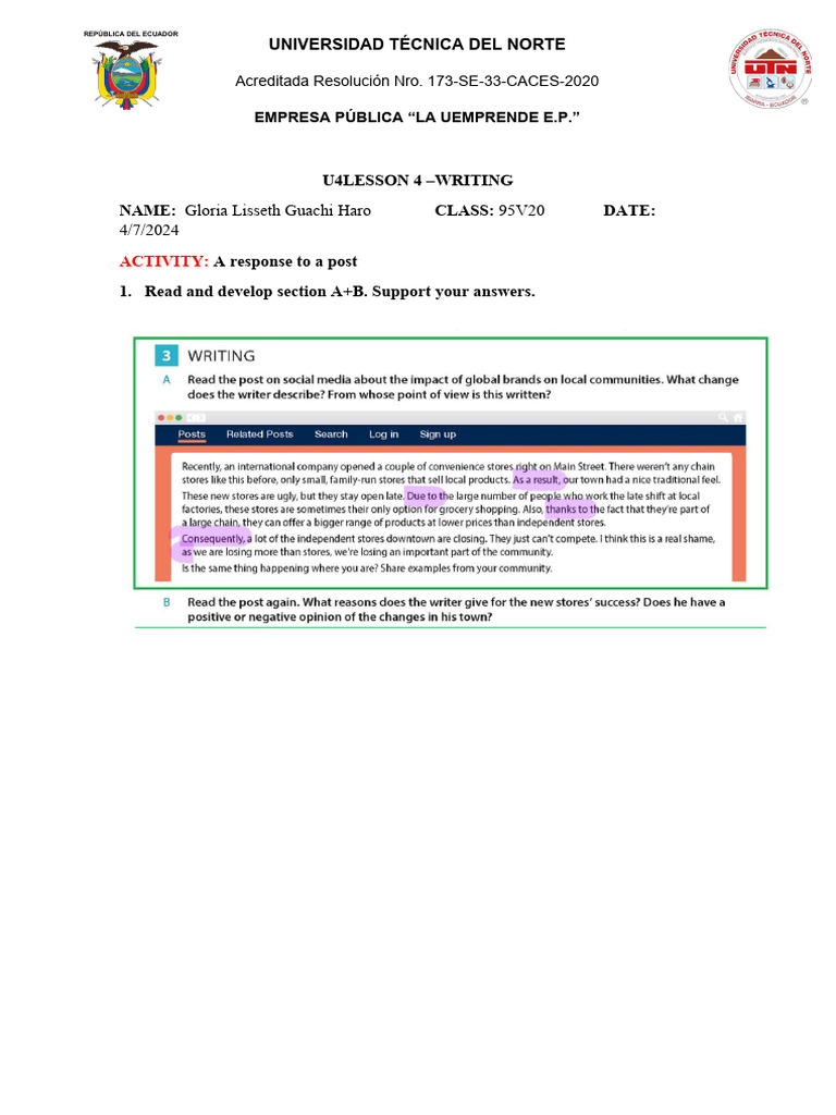 U4L4 Writing LAST NAME - NAME - SYNCHRONOUS | PDF | Economies